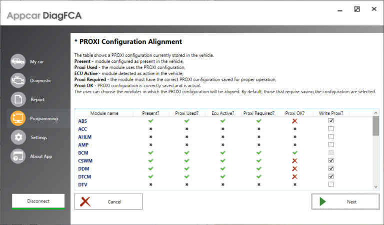 Proxi Configuration Alignment – Appcar DiagFCA – diagnostic tool